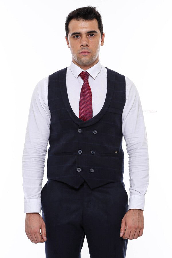 Plaid Collared Double Breasted Navy Blue Men Vest