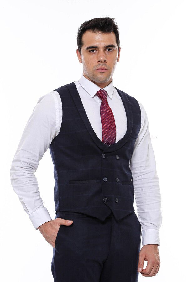 Plaid Collared Double Breasted Navy Blue Men Vest