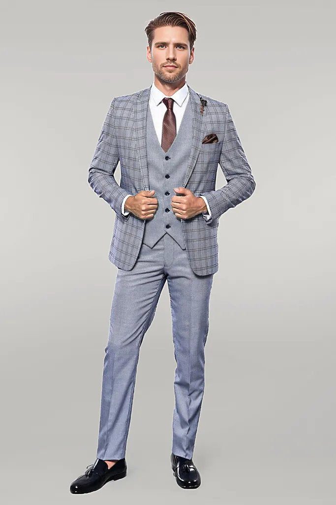 Plain Blue Vested Men's Suit