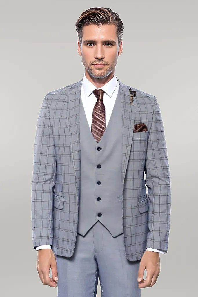 Plain Blue Vested Men's Suit