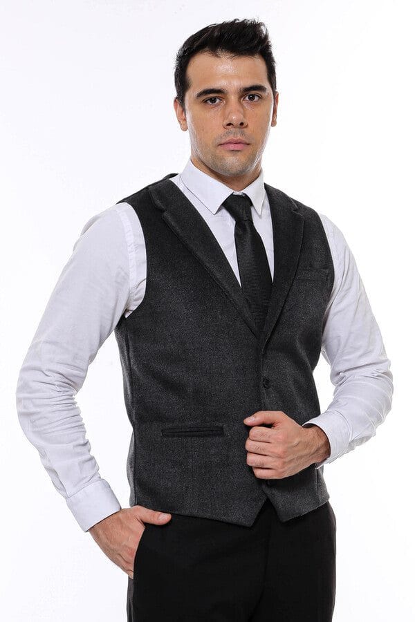 Plain Collared Anthracite Men Vest