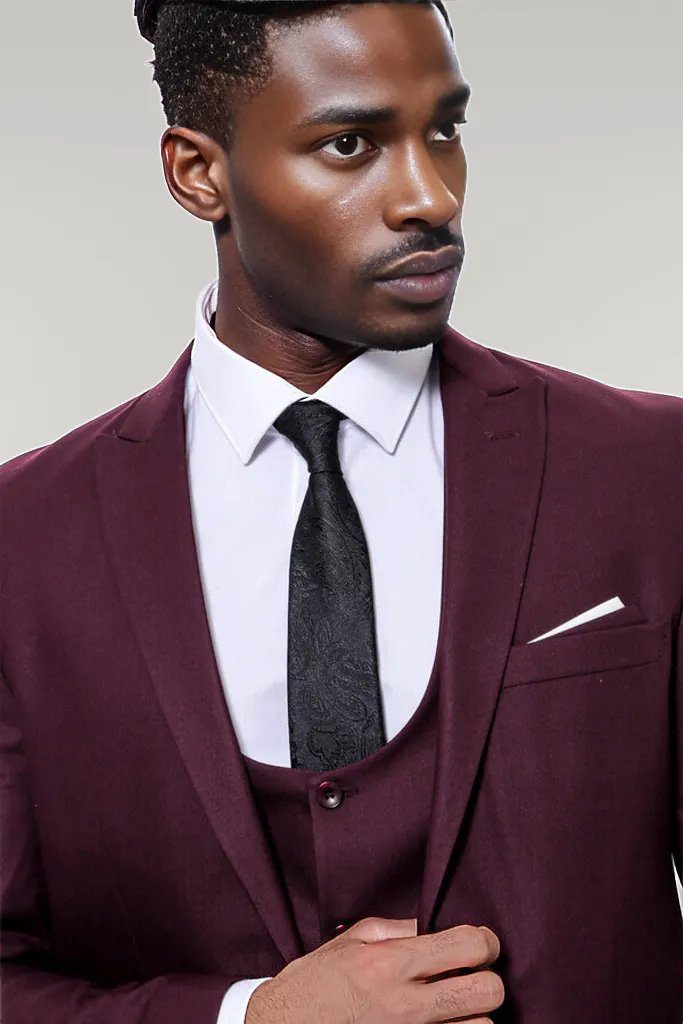 Plain Slim Fit Burgundy Men Suit