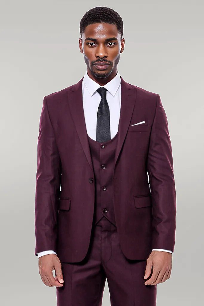 Plain Slim Fit Burgundy Men Suit