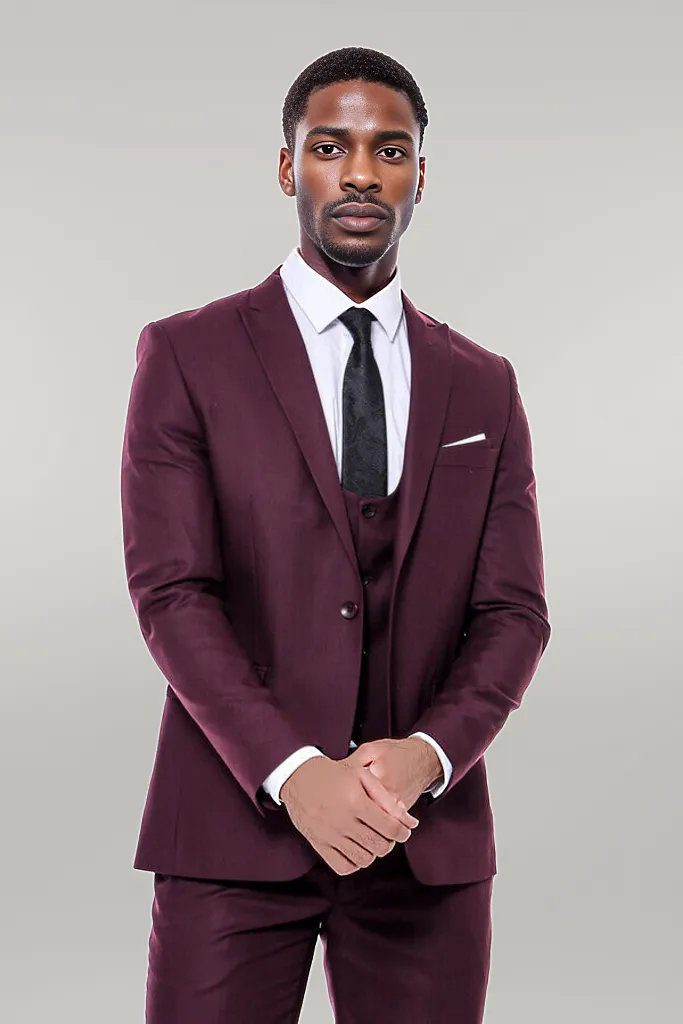 Plain Slim Fit Burgundy Men Suit