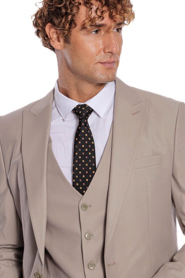 Plain Slim Fit Light Brown Men Suit