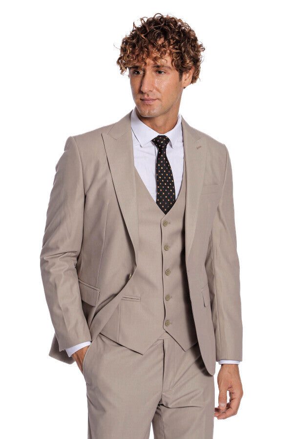 Plain Slim Fit Light Brown Men Suit