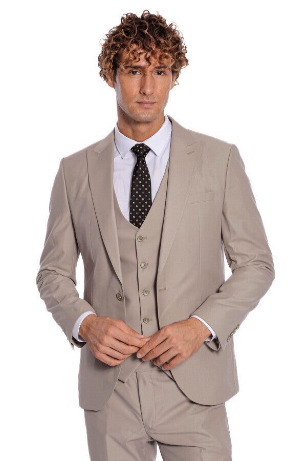 Plain Slim Fit Light Brown Men Suit
