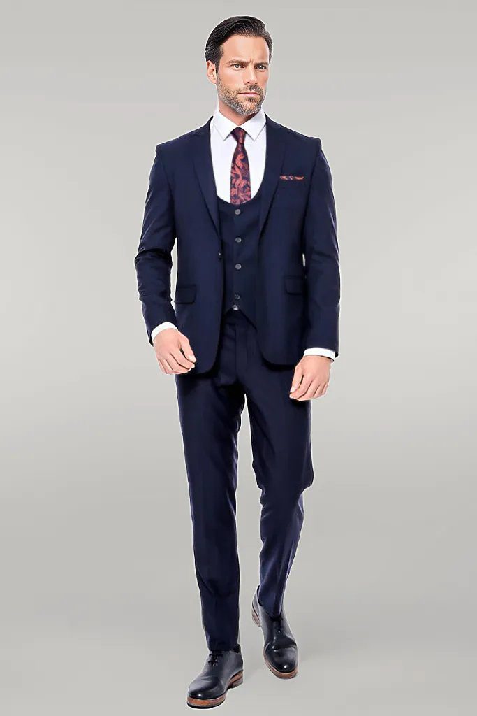 Plain Slim Fit Navy Blue Men Suit