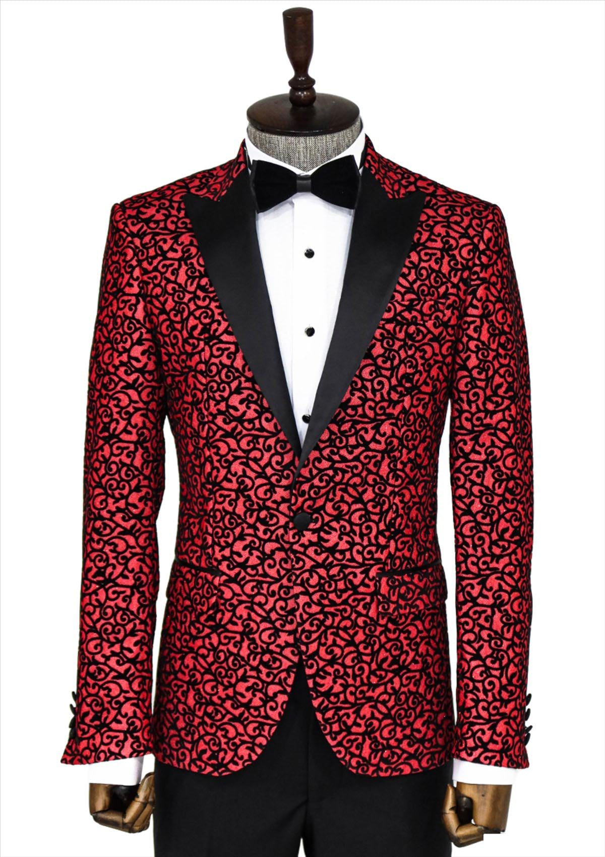Scroll Patterned Burgundy Men Stage Tuxedo Blazer