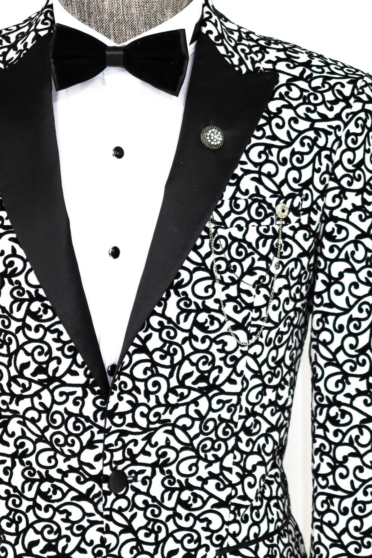 Scroll Patterned White Men Party Blazer