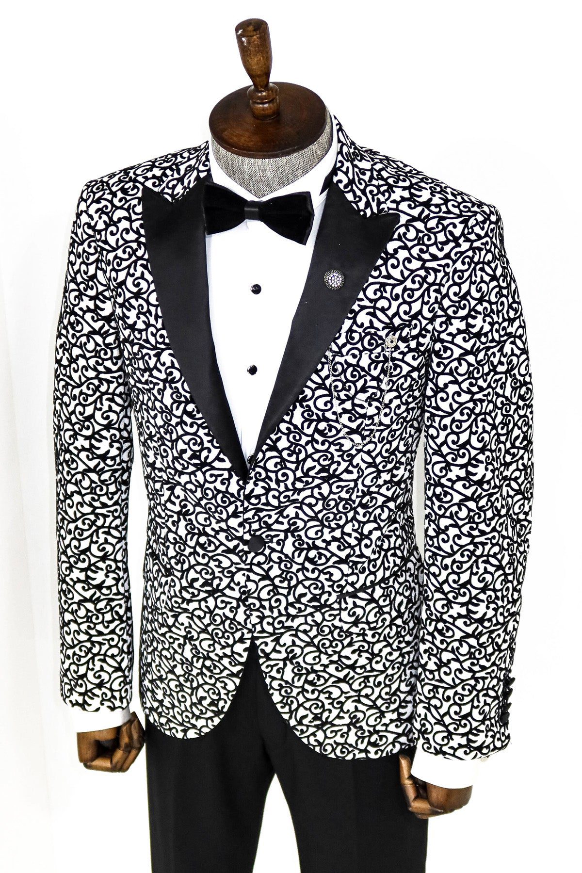 Scroll Patterned White Men Party Blazer