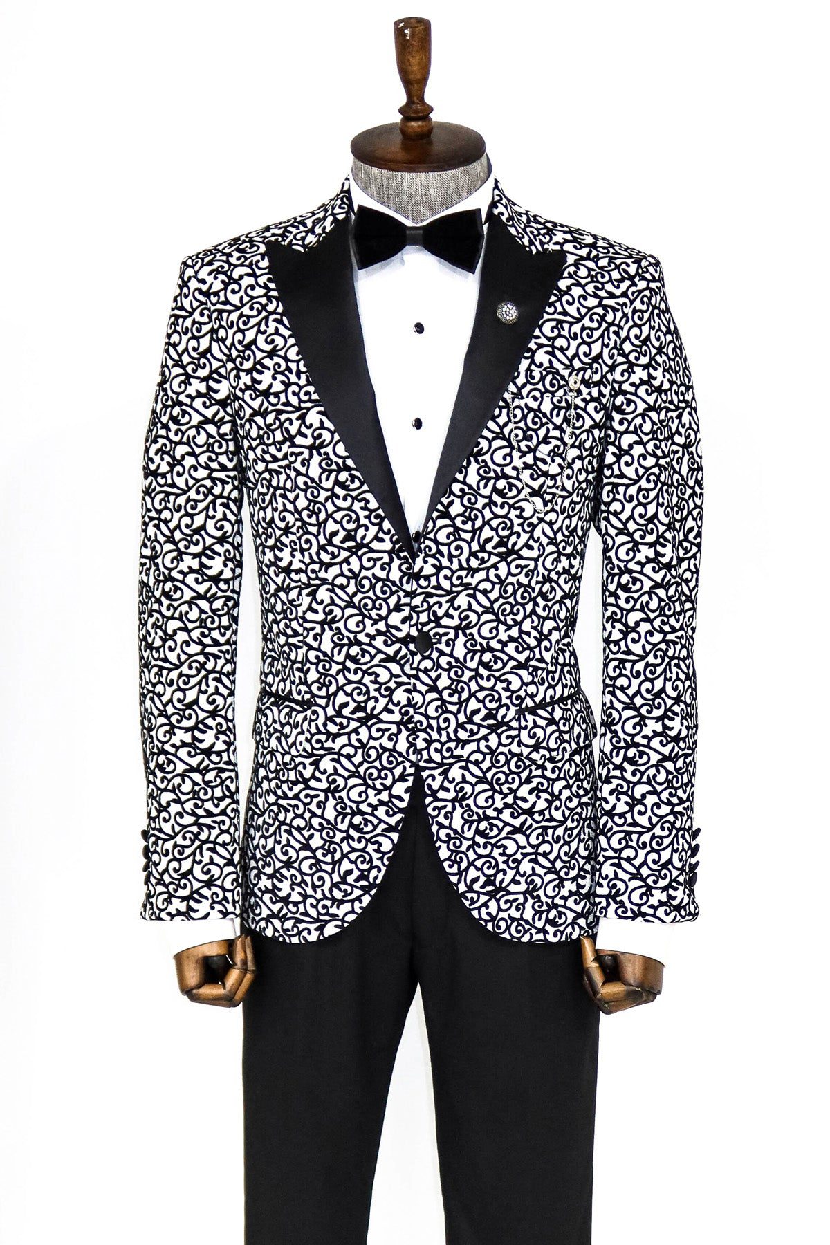 Scroll Patterned White Men Party Blazer