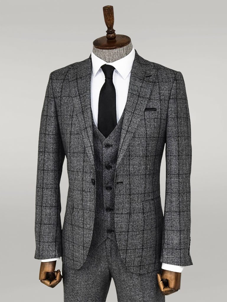Slim Fit Checked Dark Grey Men Suit