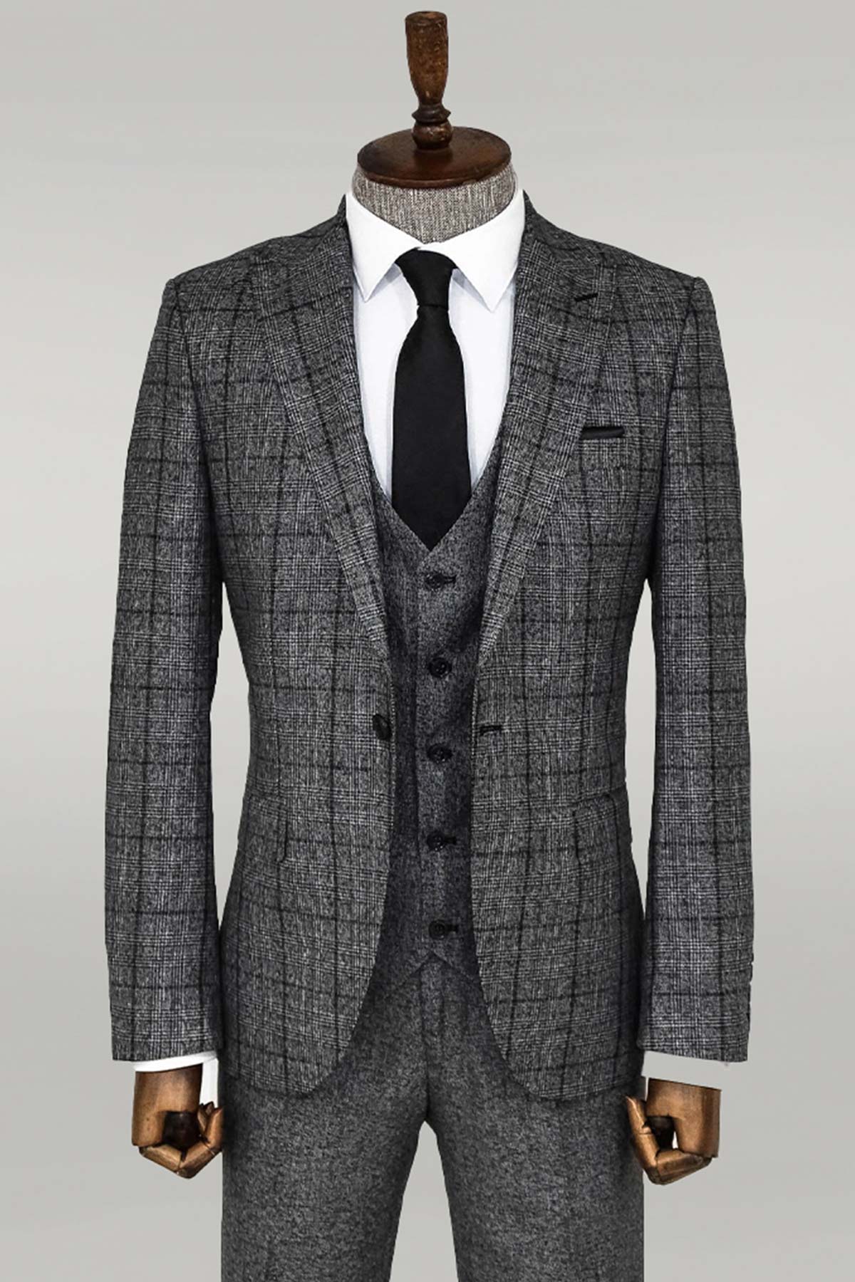 Slim Fit Checked Dark Grey Men Suit