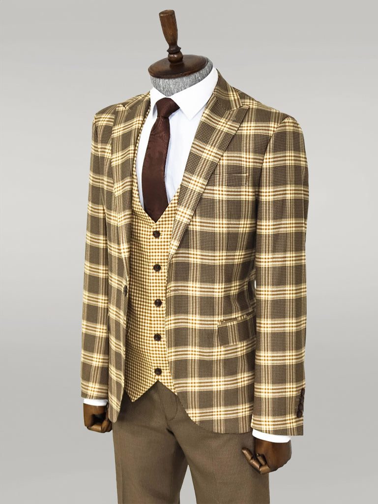 Slim Fit Patterned Checked Light Brown Men Suit