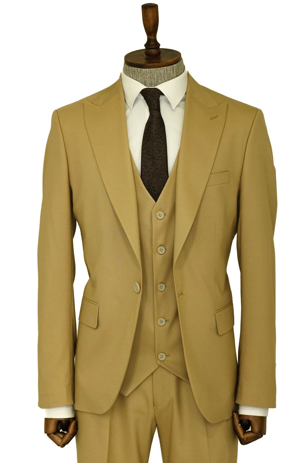 Tan Men's Plain Suit with Vest