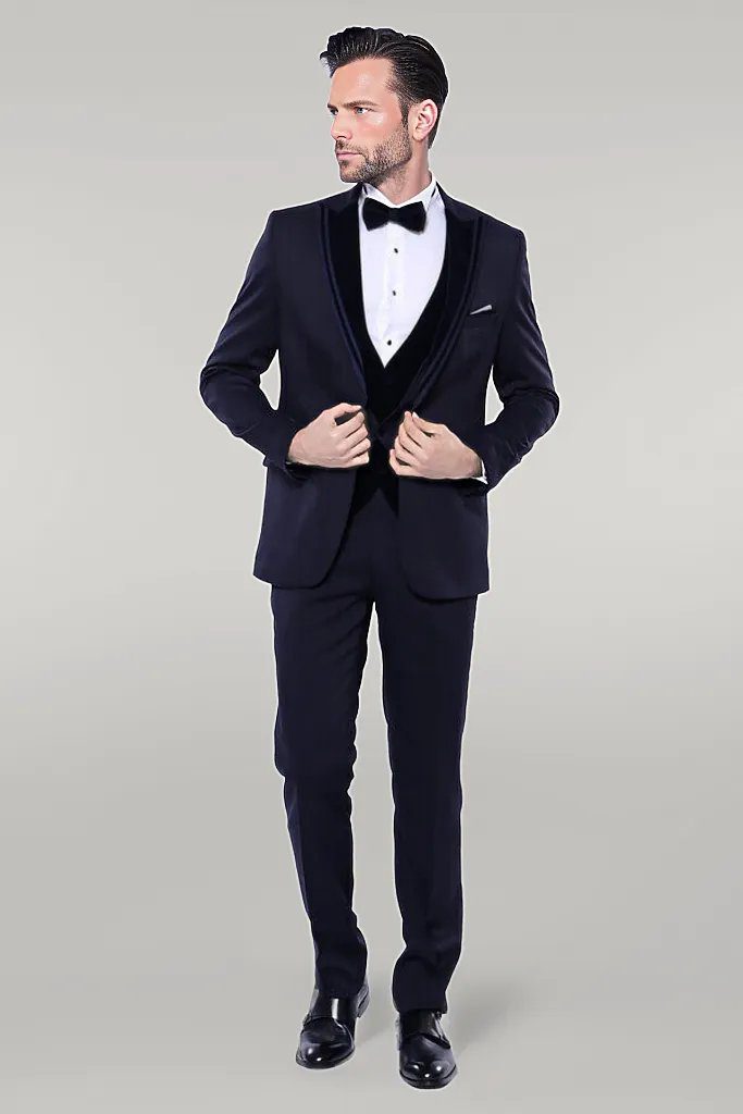 Velvet Collar Patterned Dark Blue Tuxedo
