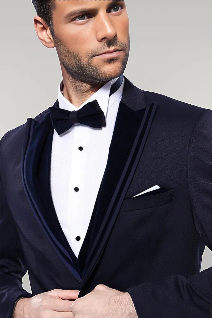 Velvet Collar Patterned Dark Blue Tuxedo
