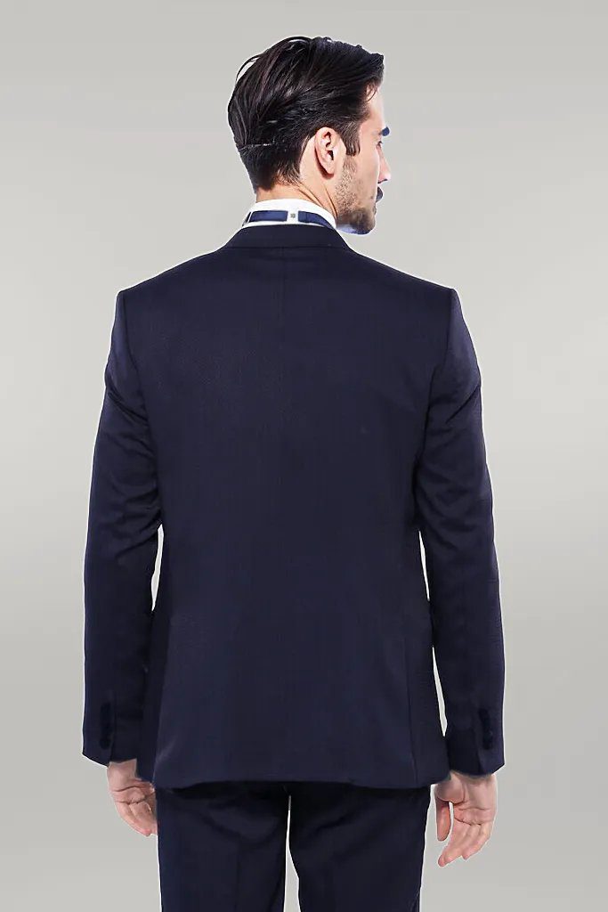 Velvet Collar Patterned Dark Blue Tuxedo