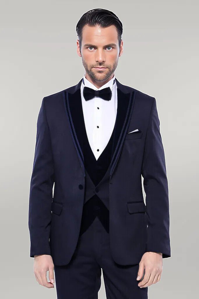 Velvet Collar Patterned Dark Blue Tuxedo