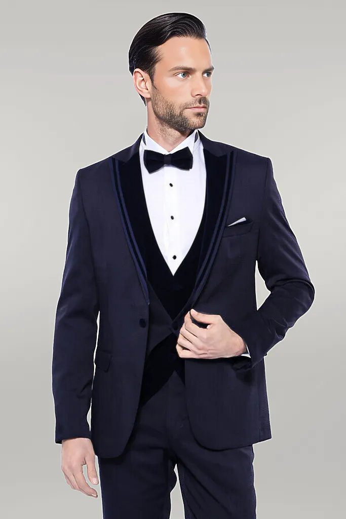 Velvet Collar Patterned Dark Blue Tuxedo