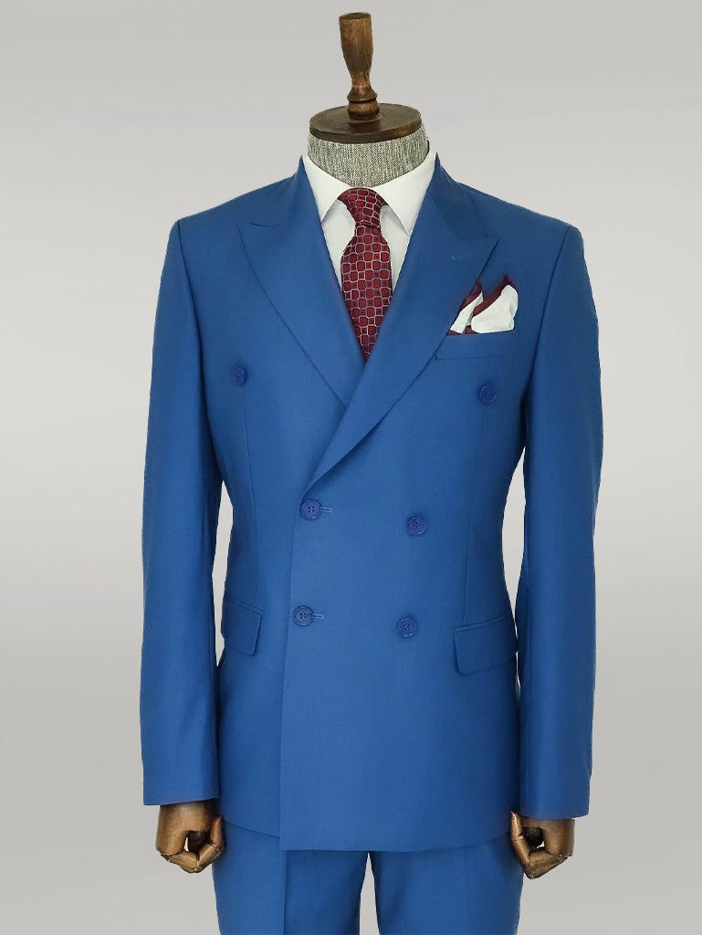 Wide Peak Lapel Striped Slim Fit Blue Men Double-Breasted Suit